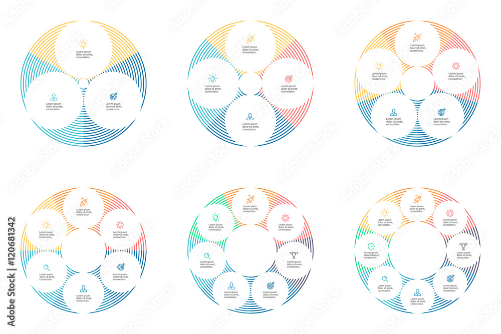 Linear pie charts with 3 - 8 sections, parts. Stock Vector | Adobe Stock