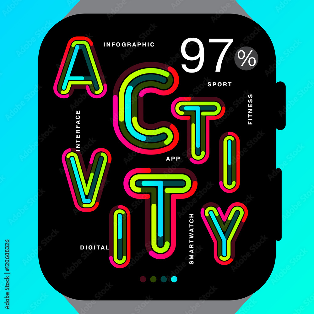 Active watch with an app trackers. Smartwatch tech interface with word ...