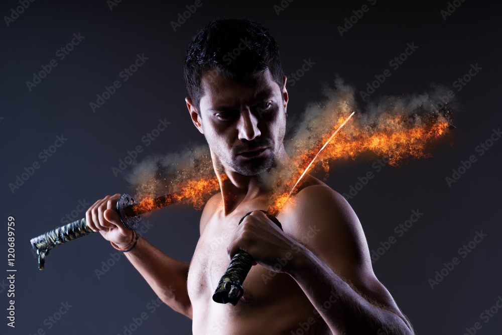 shirtless young man posing with katana Stock Photo | Adobe Stock