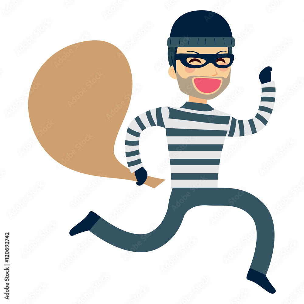Funny thief running happy with sack on robbery Stock-Vektorgrafik ...