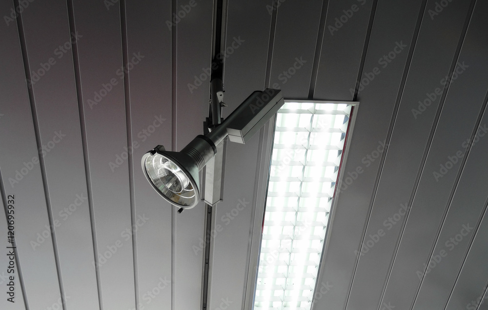 Studio lighting ceiling lamps and controlled track spotlight on rail ...