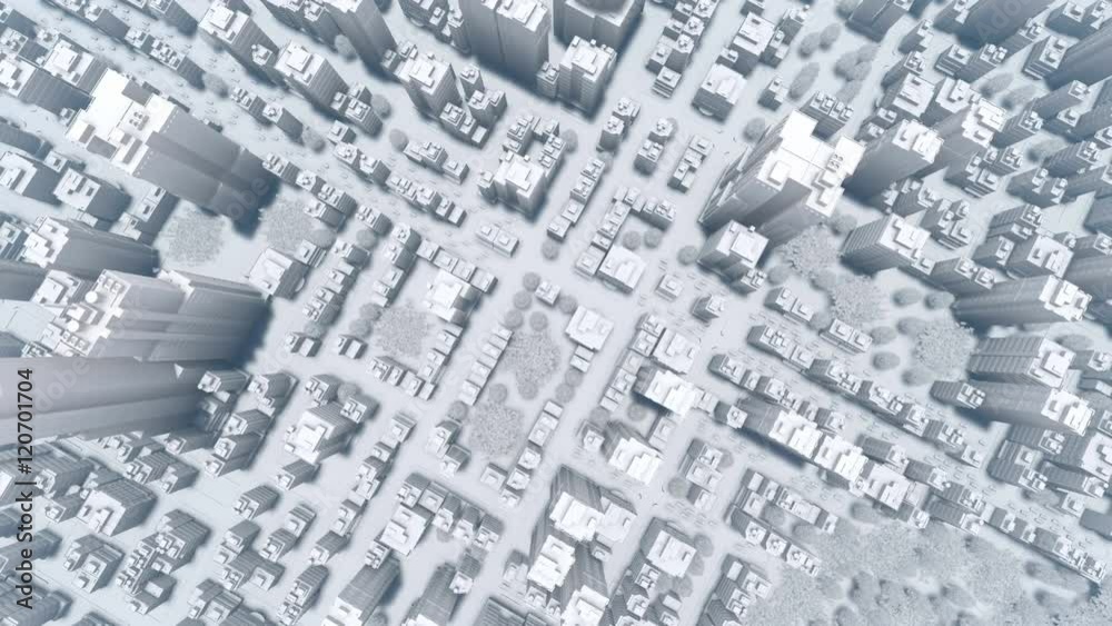 Straight overhead aerial view of abstract modern big city downtown with ...