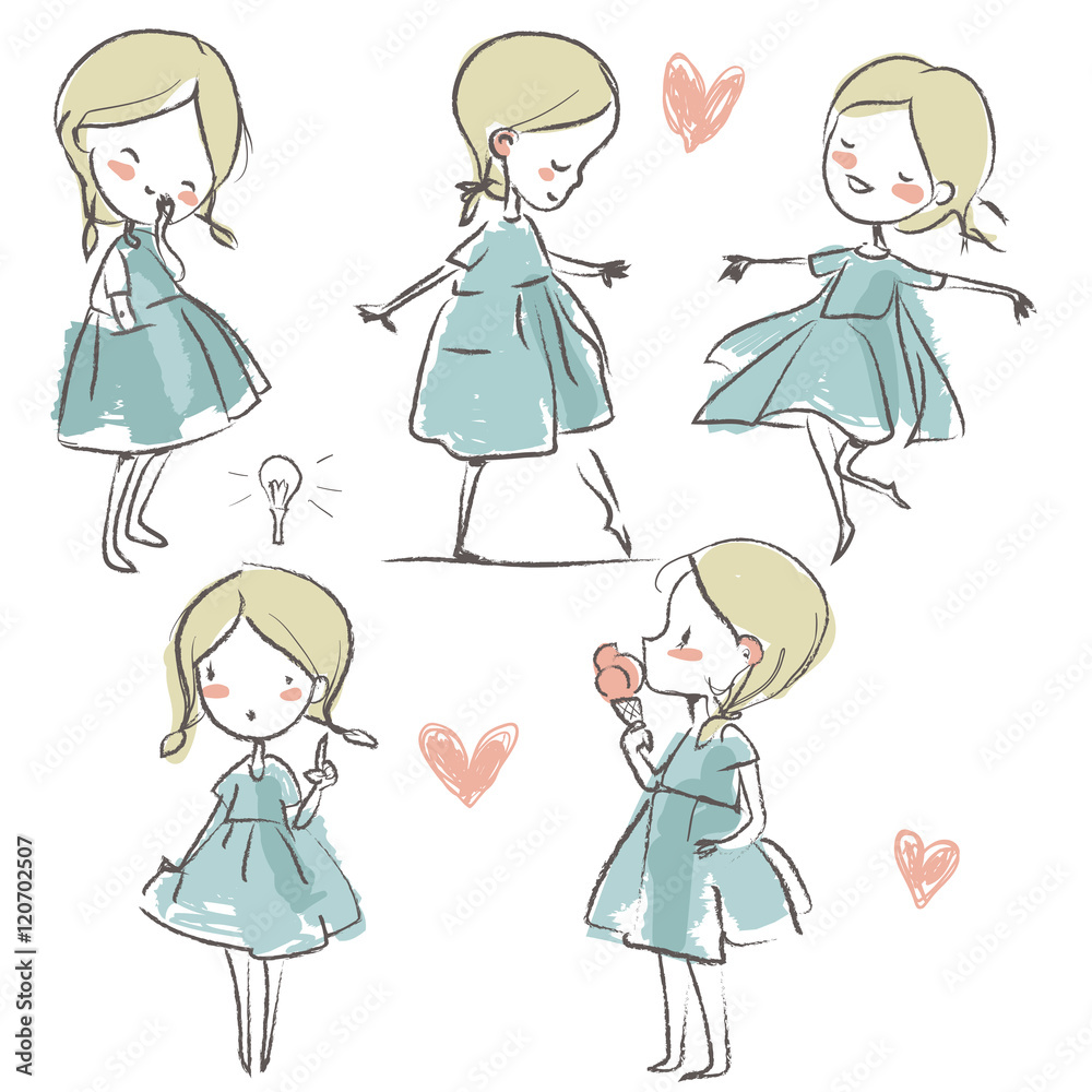 set with cute doodle girl Stock Vector | Adobe Stock