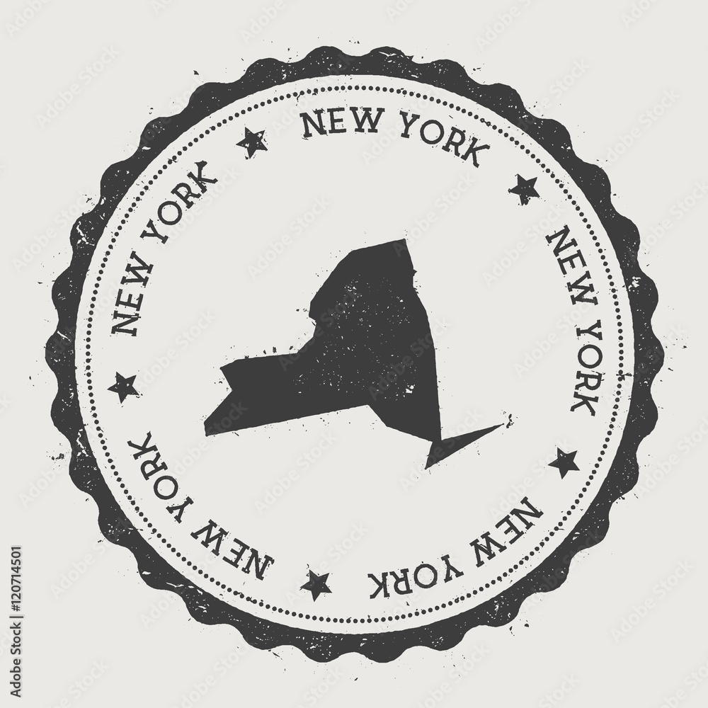 New York vector sticker. Hipster round rubber stamp with US state map ...