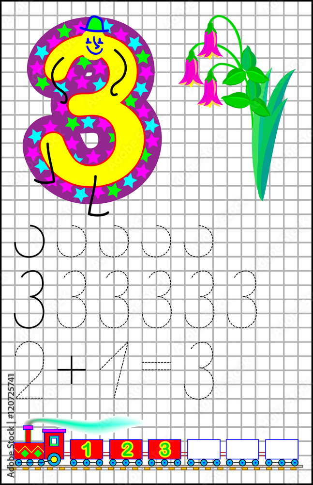 Educational page for children on a square paper with number 3 ...