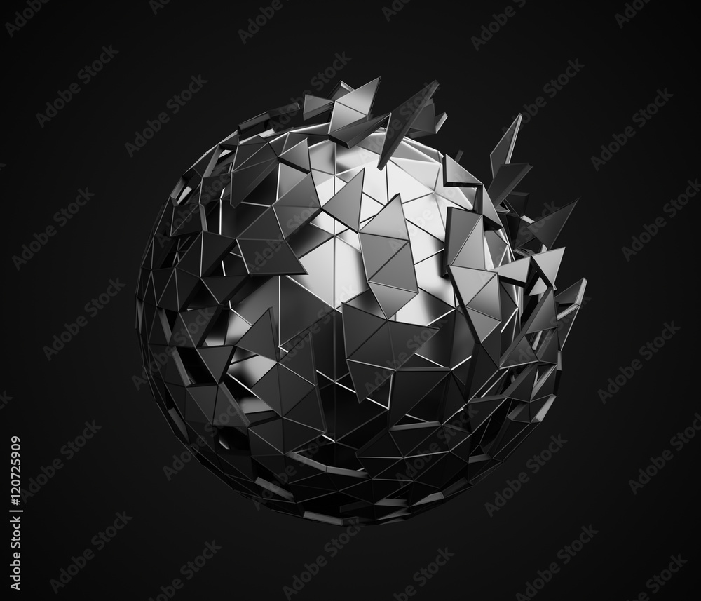 Abstract 3d rendering of low poly sphere with chaotic structure. Sci-fi ...