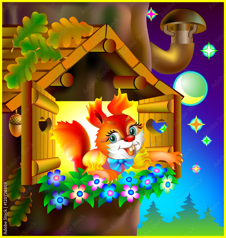 Illustration of squirrel closing the window in his house before bedtime ...