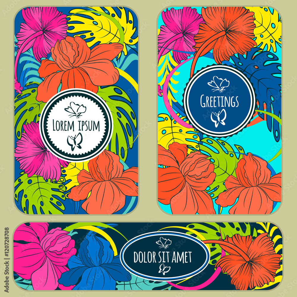 Collection of 3 greeting cards. Invitation, congratulation, greetings ...