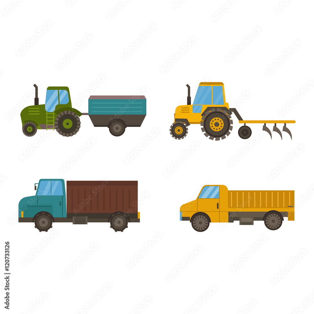 Set of different types of agricultural vehicles and harvester machine ...