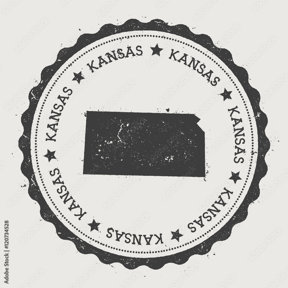 Kansas vector sticker. Hipster round rubber stamp with US state map ...