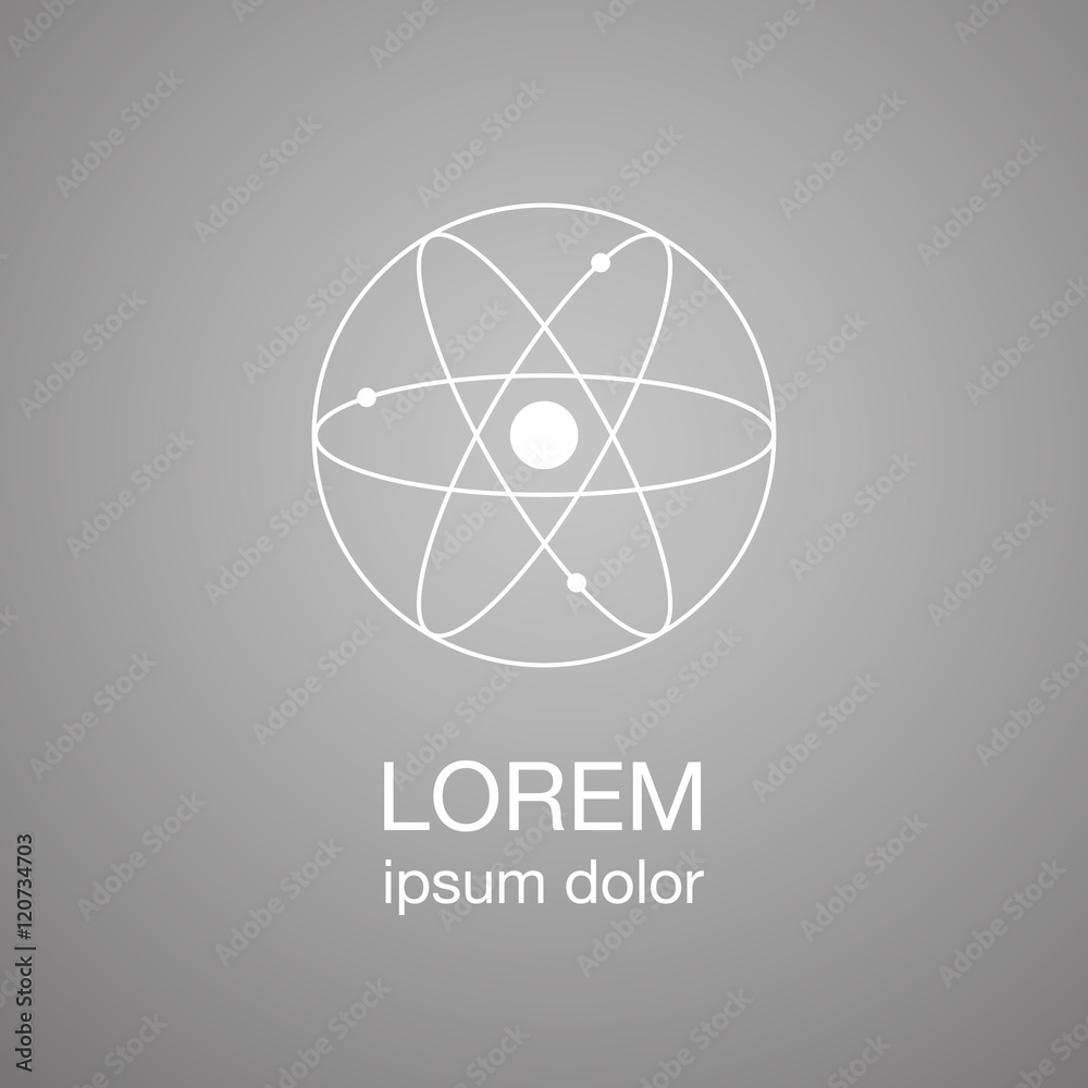 Atom minimal logo concept, white logotype design template on gray ...