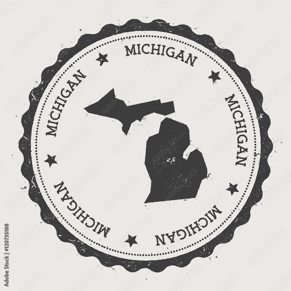 Michigan vector sticker. Hipster round rubber stamp with US state map ...