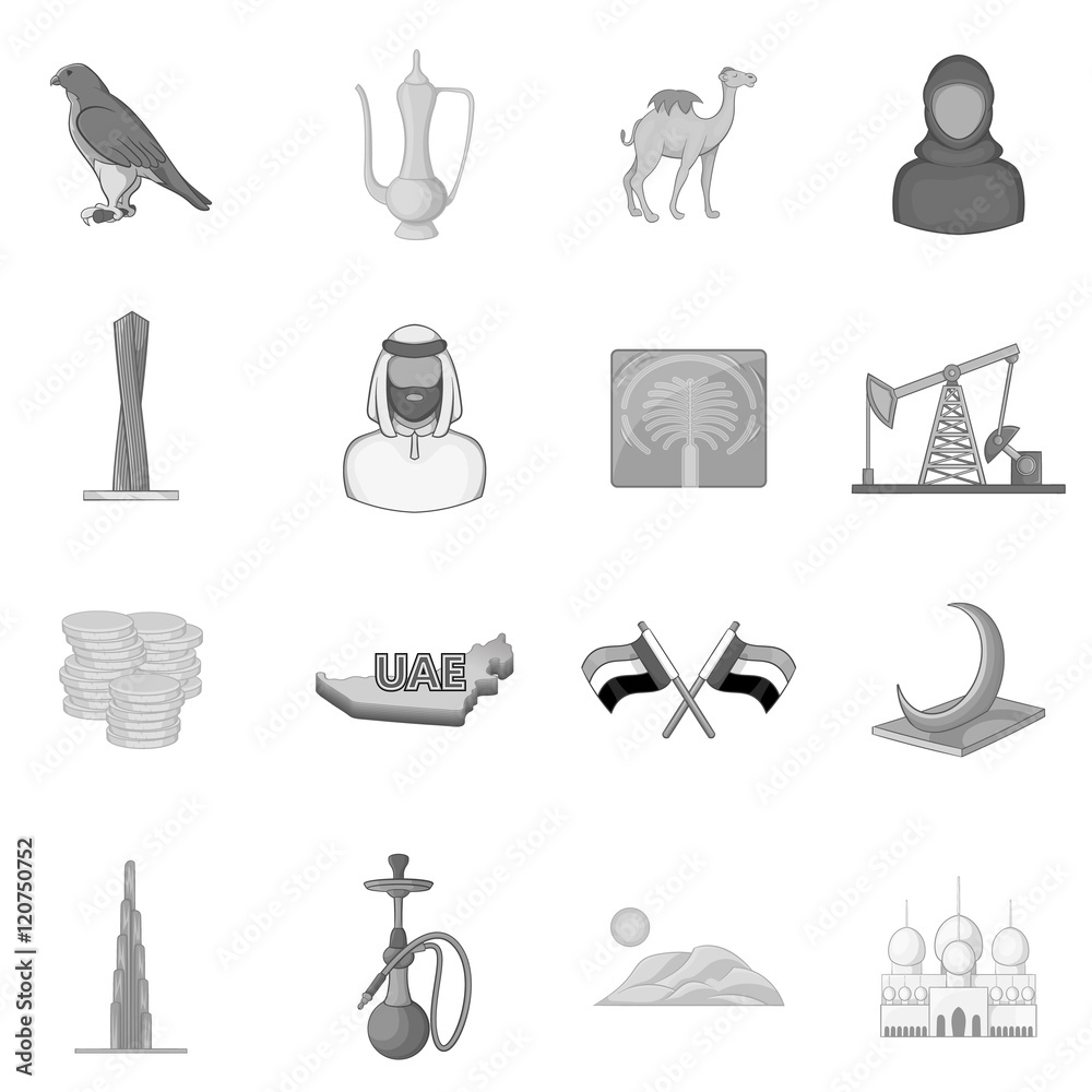 UAE icons set in black monochrome style. United Arab Emirates elements ...