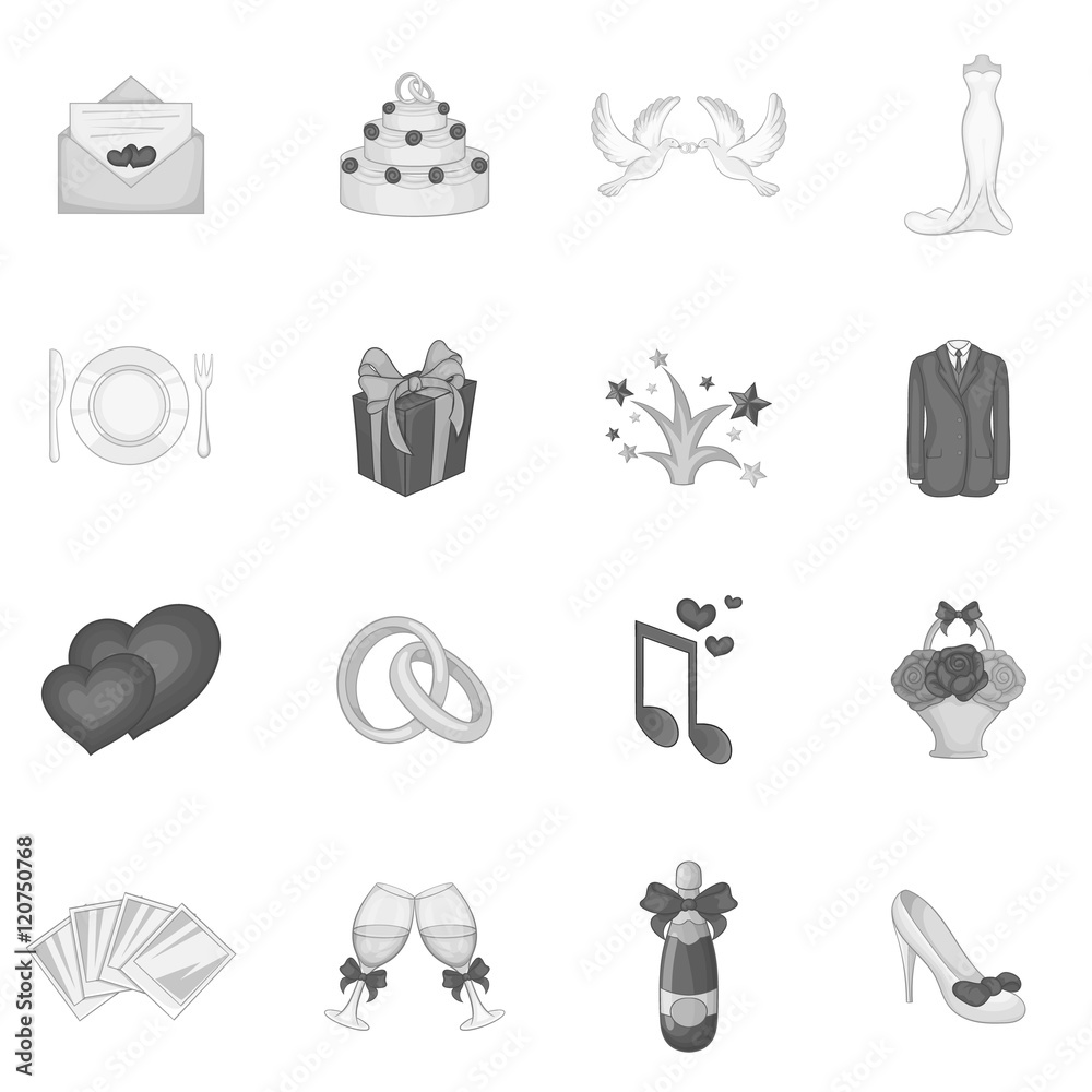 Wedding icons set in cartoon style. Love and romantic event set ...