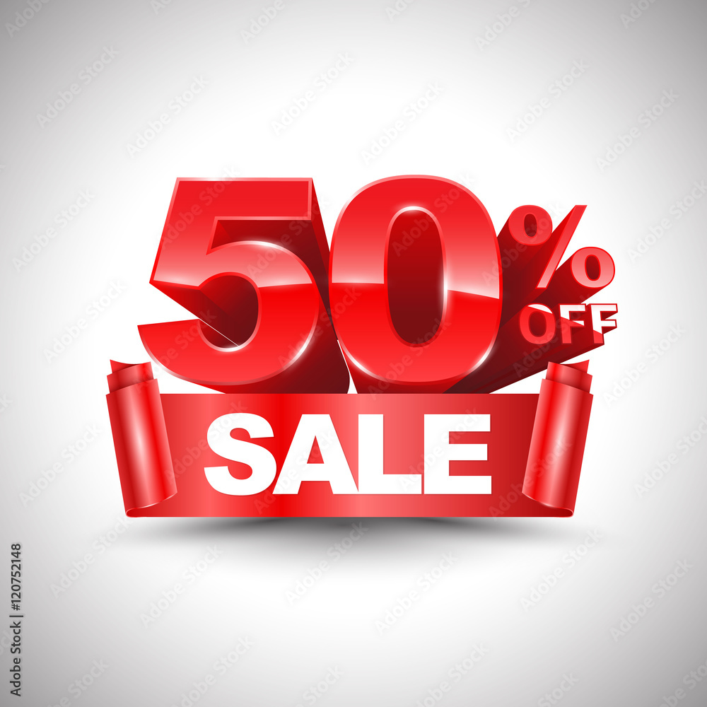 3d vector shiny red discount 50 percent off and sale on red ribbon ...
