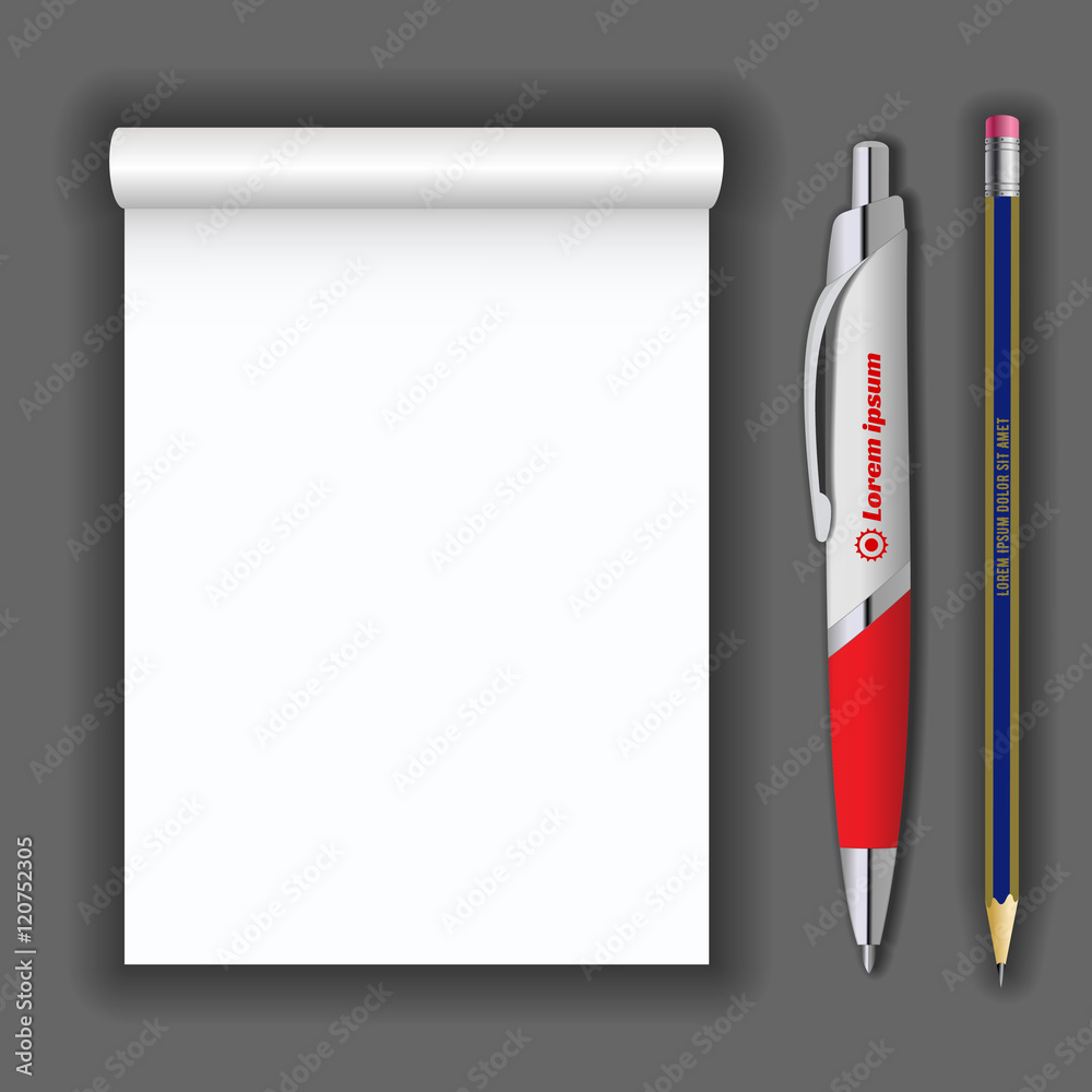 Blank realistic notepad notebook, pen and pencil isolated on dark grey ...