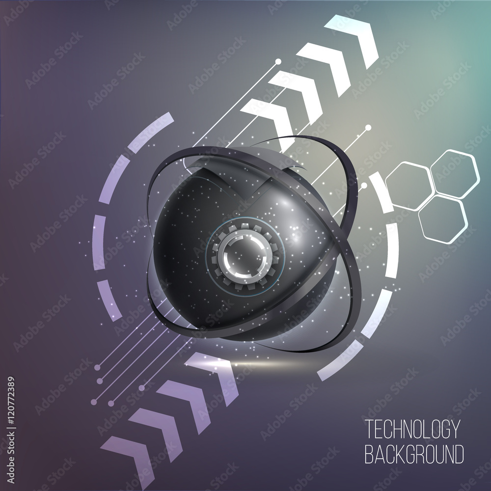 3D sphere wireframe element with gear and arrows. HUD element. Vector ...