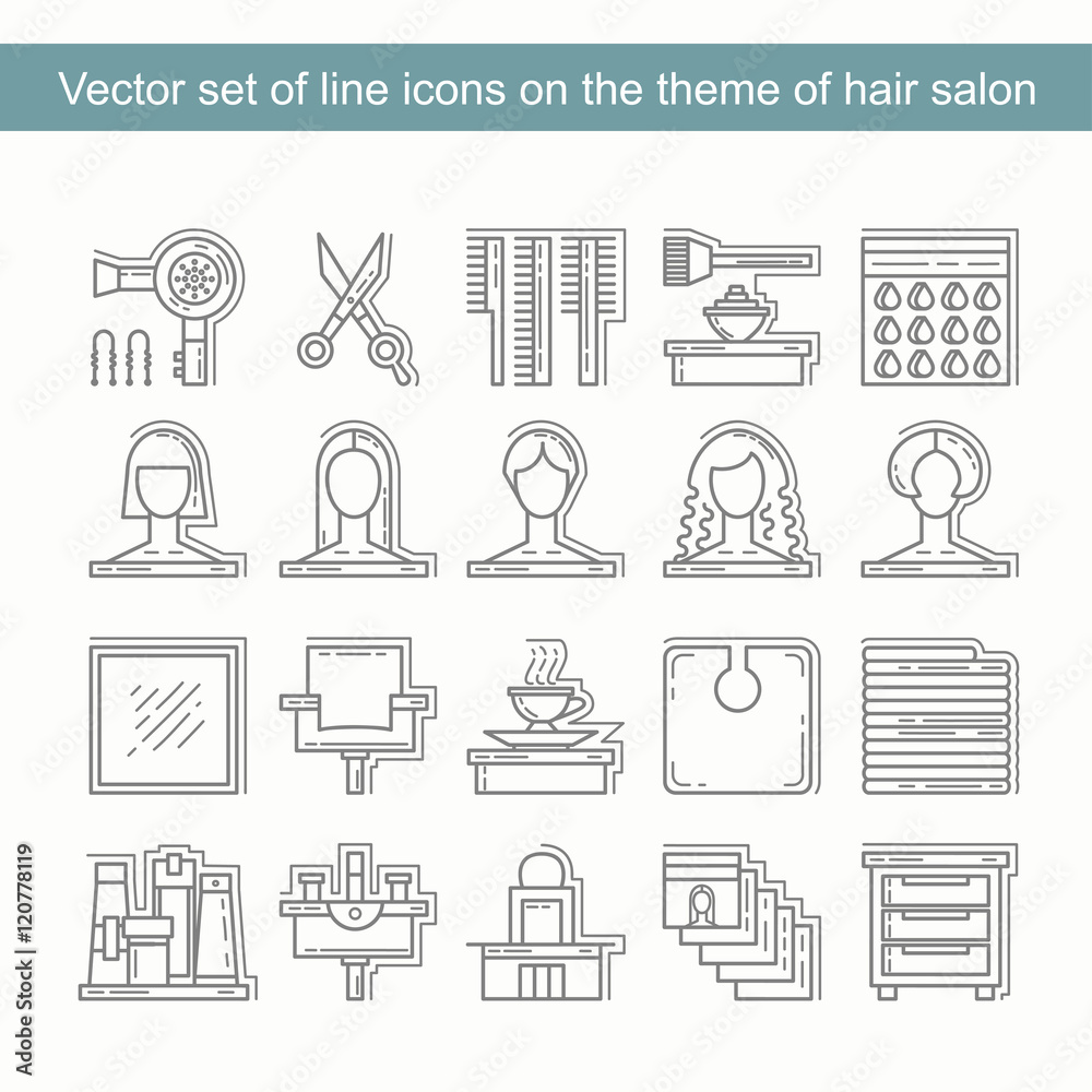 Vector set of line icons on the theme of hair salon. Flat symbols of ...