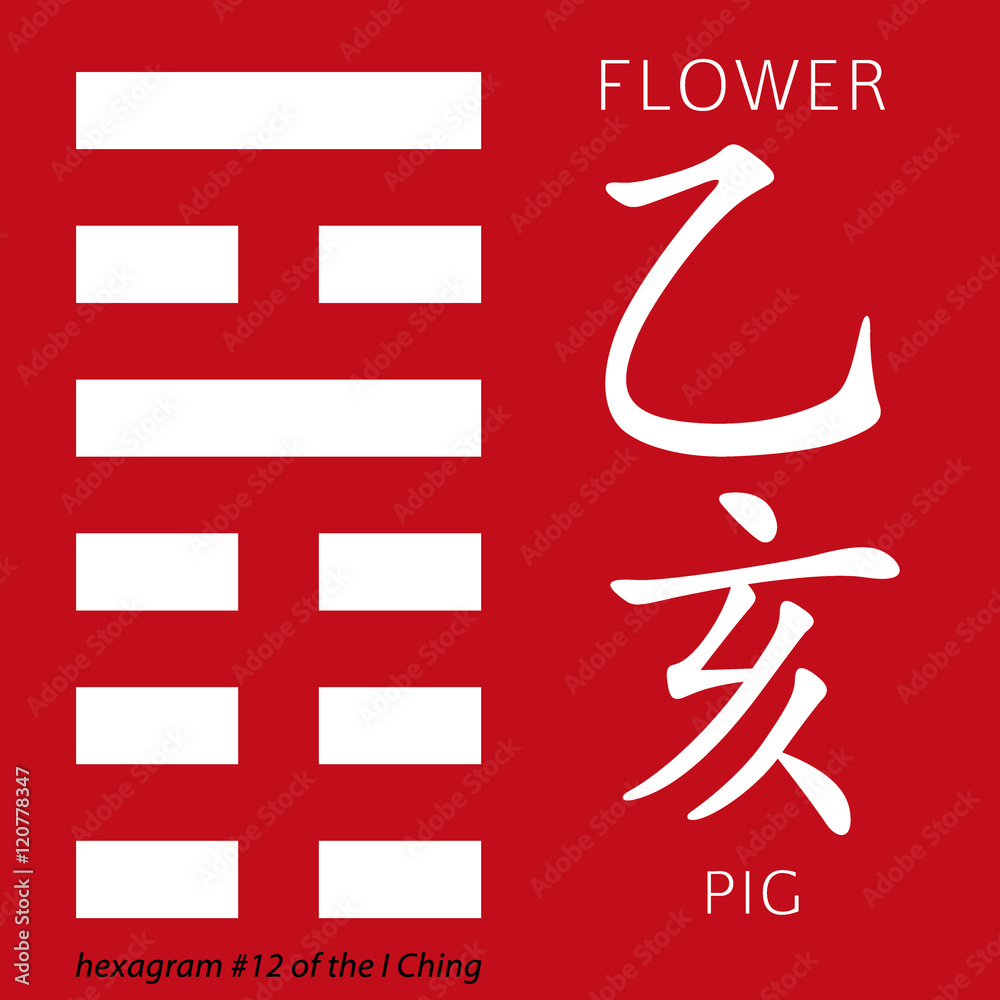 Symbol of i ching hexagram from chinese hieroglyphs. Translation of 12 ...