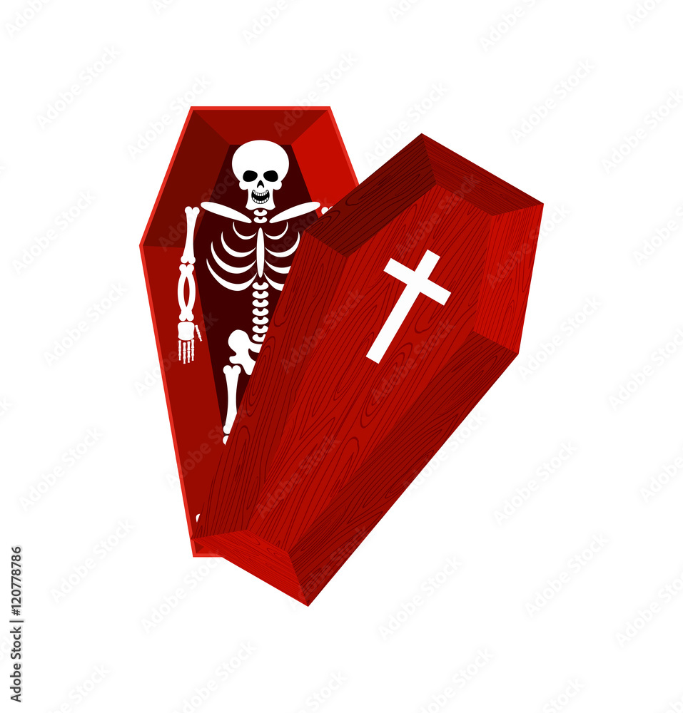 Skeleton in coffin. Open casket and skull and bones. Dead man in Stock ...
