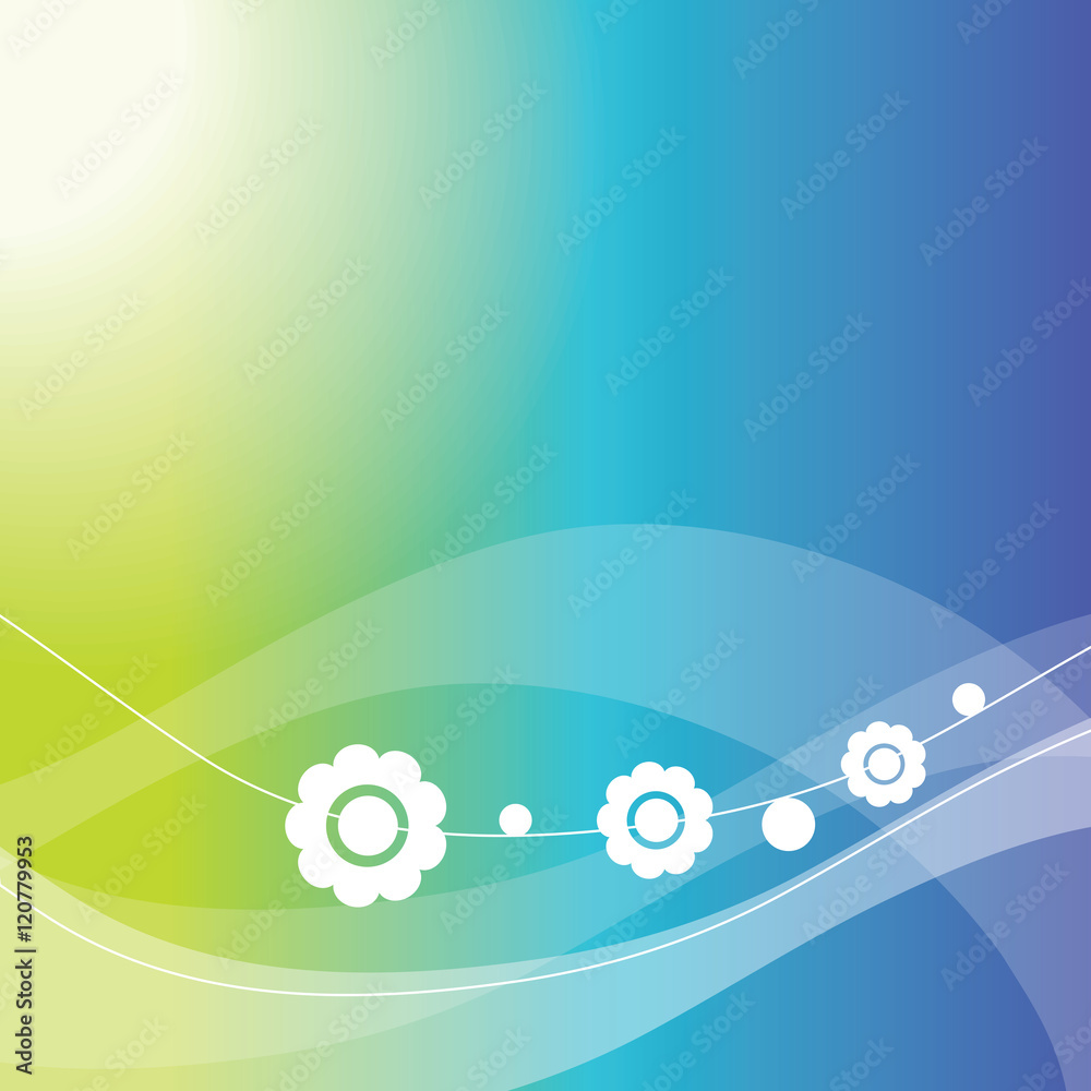 Blue and green background with flowers - template with copy space Stock ...