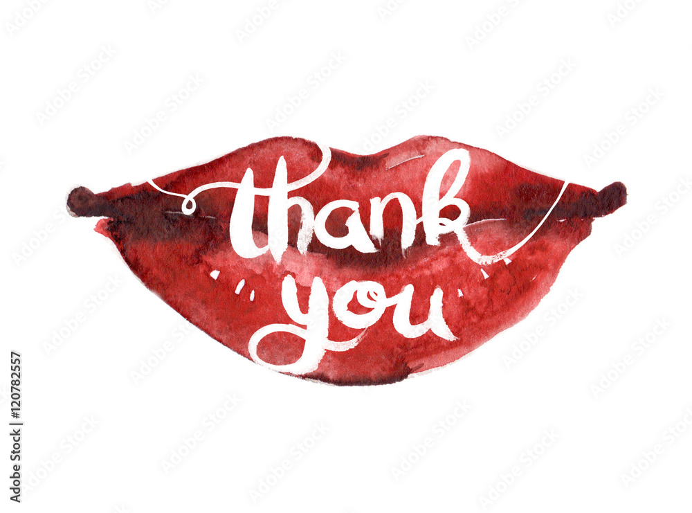Beautiful smiling red lips with hand written words "thank you" painted ...