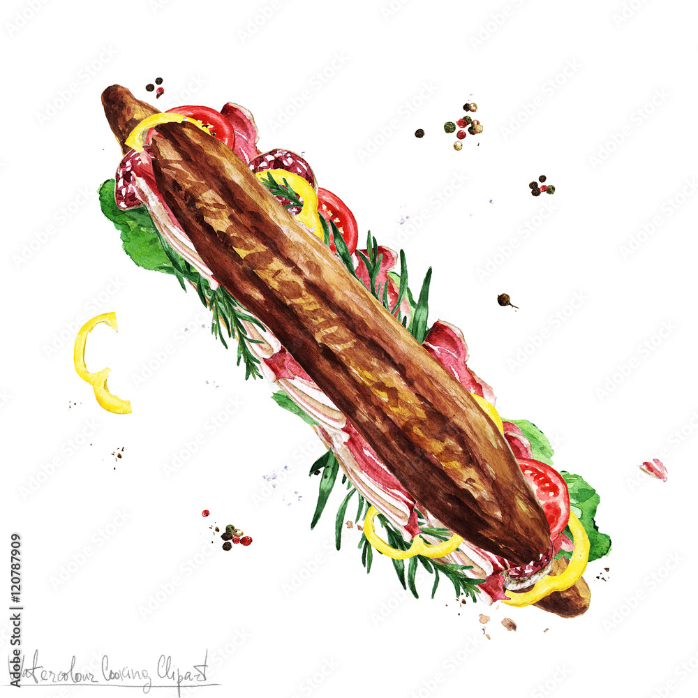 Watercolor Food Clipart - Submarine Sandwich Stock Illustration | Adobe ...