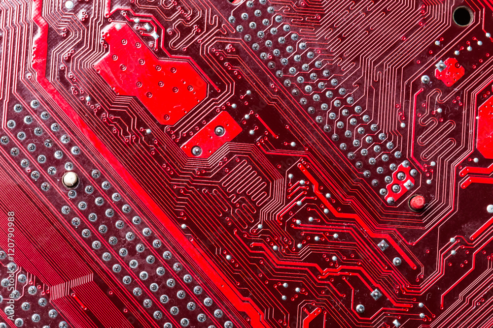 Close up of a printed red computer circuit board Stock Photo | Adobe Stock
