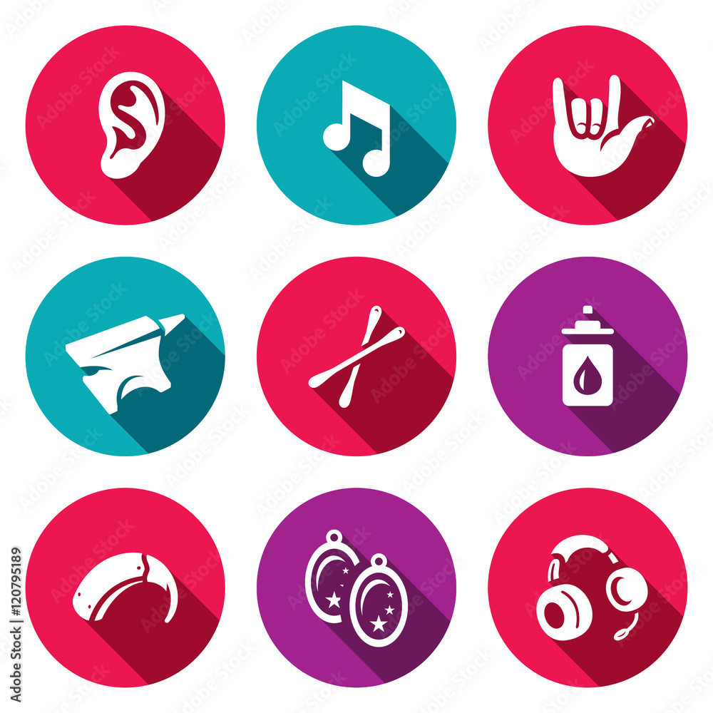 Vector Set of Deafness Icons. Ear, sound, sign language, anvil, cotton ...