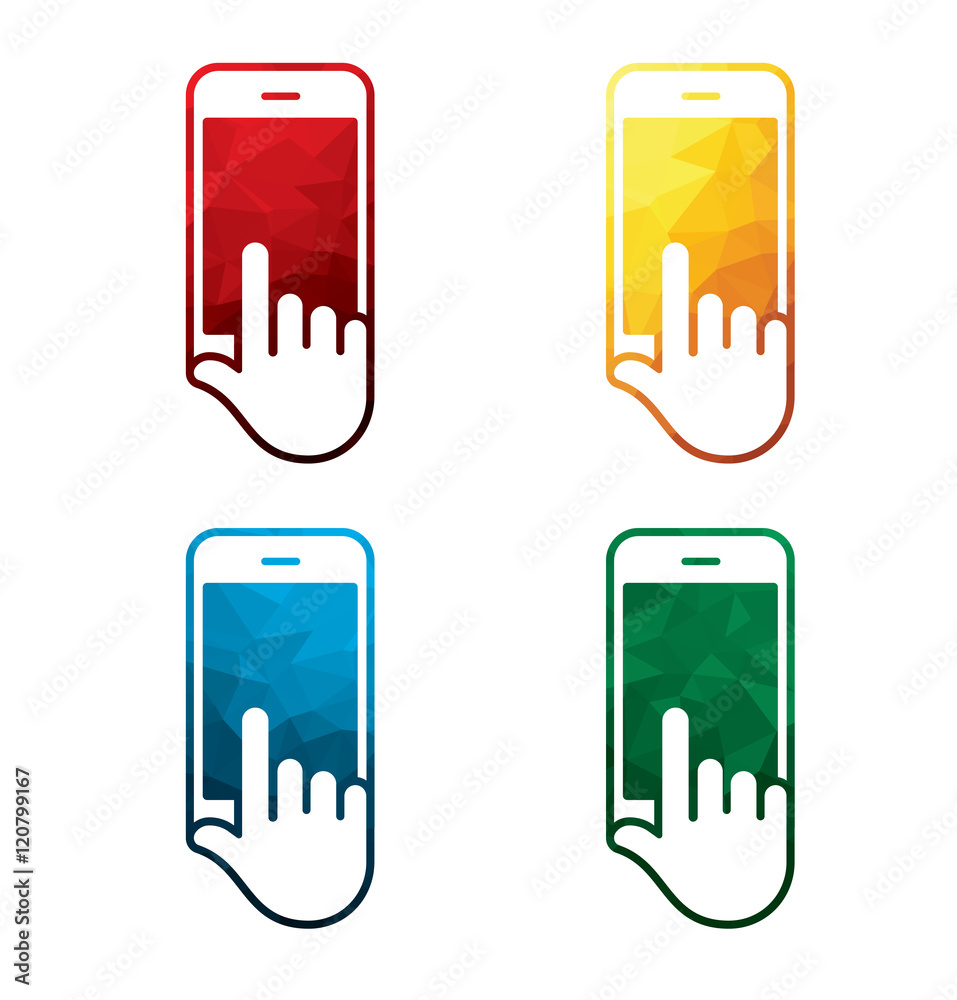 colorful smart phone in hand icons on white background. isolated mobile ...