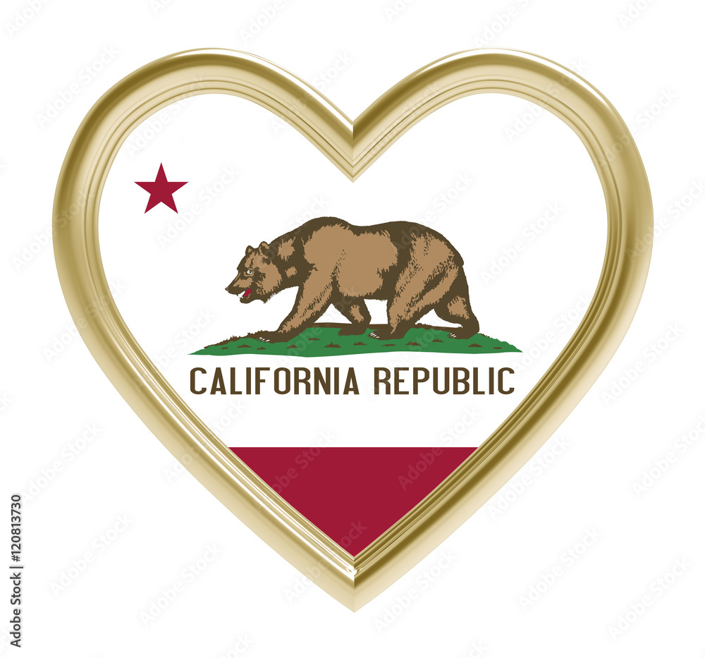 California flag in golden heart isolated on white background. 3D ...