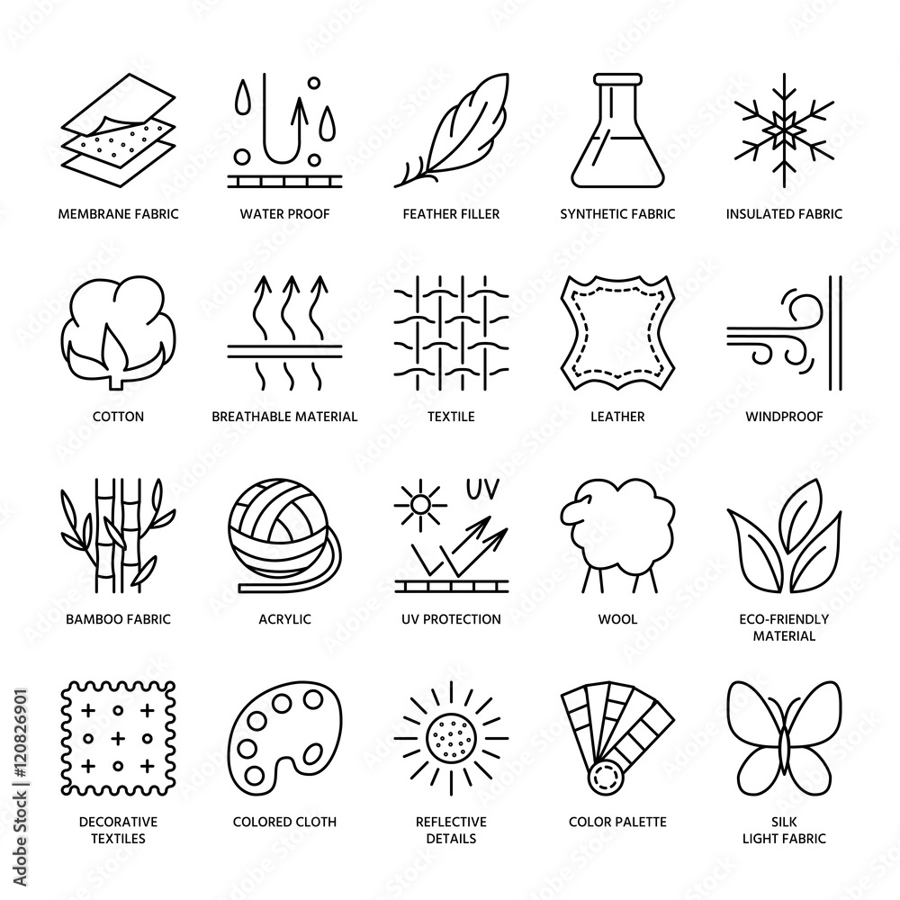 Vector line icons of fabric feature, garments property symbols ...