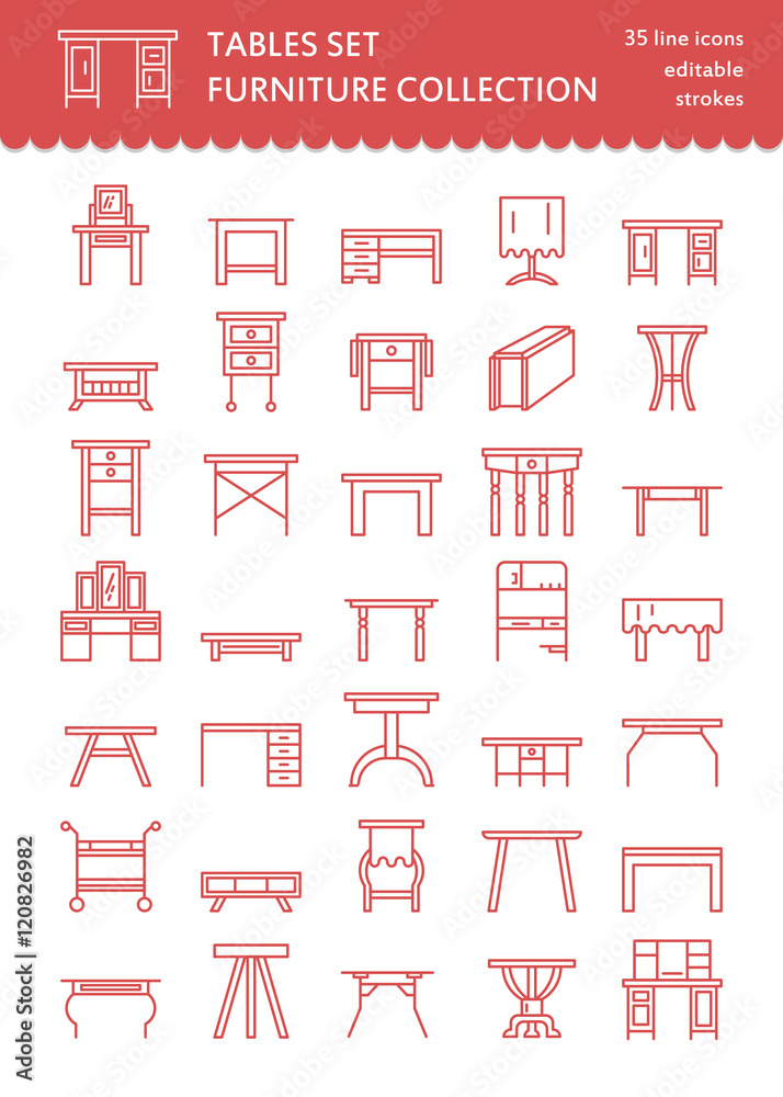 Vector furniture line icons, table symbols. silhouette of different ...