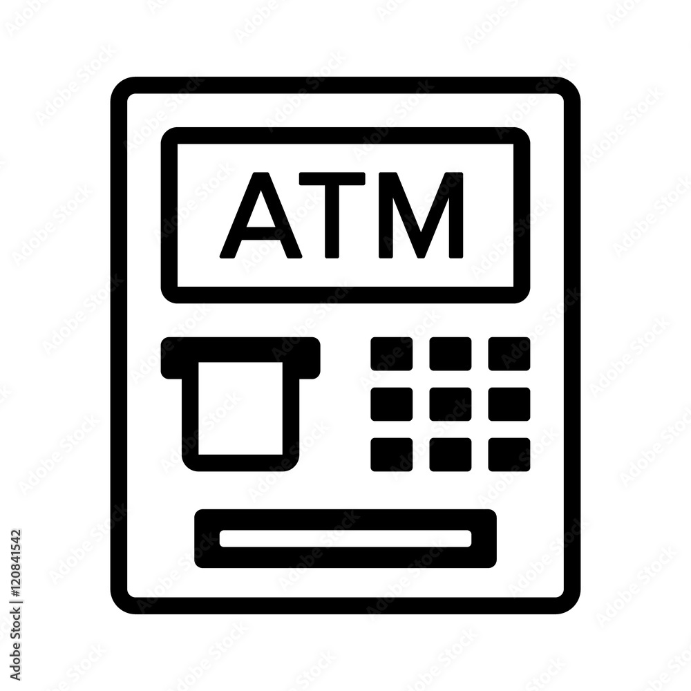 ATM / automated teller machine with text line art icon for banking apps ...