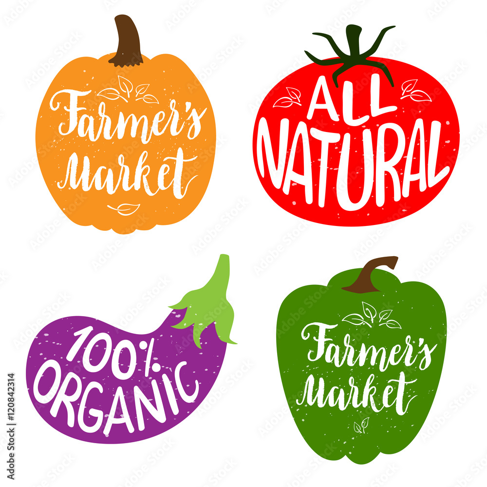 Hand drawn labels with hand drawn text. Farmers market, 100 % o Stock ...