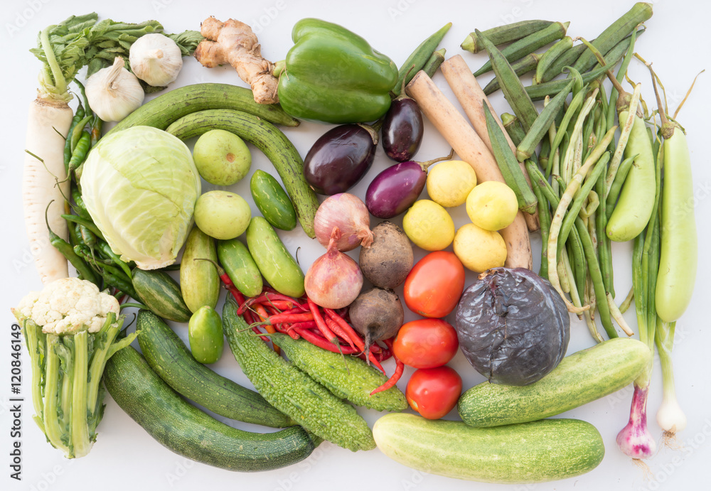 Mix of various Indian vegetables on an isolated white background Stock ...