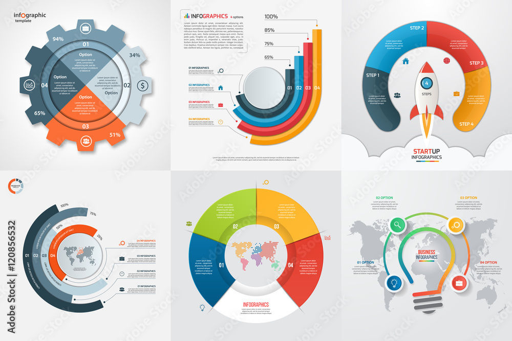 Set of six infographic 4 options, steps, parts, processes templates ...