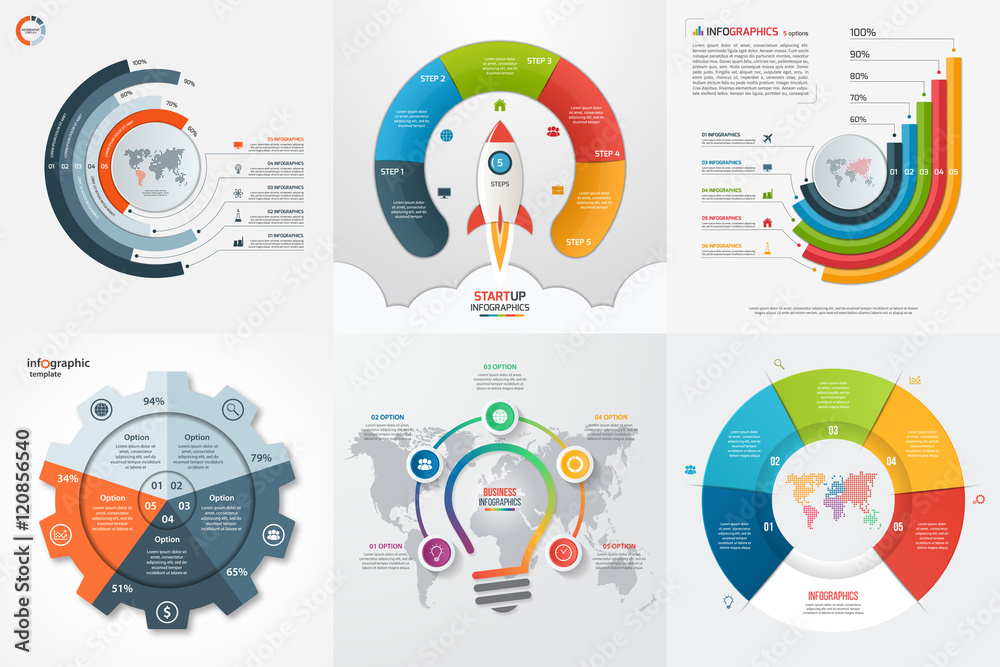 Set of six infographic 5 options, steps, parts, processes templates ...