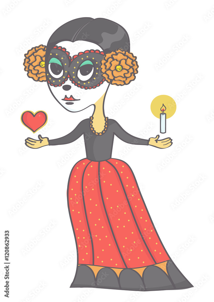 Cute sugar skull girl for day of the dead or halloween. Vector cartoon ...