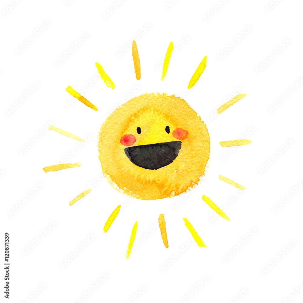 Little happy smiling cartoon sun painted in watercolor on clean white ...
