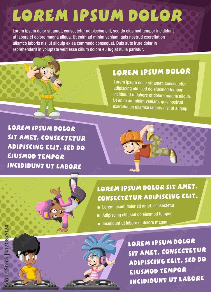 Vector brochure backgrounds with cartoon hip hop dancers with a singer ...