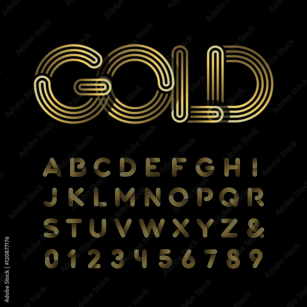 Golden font. Vector alphabet with gold effect letters and number Stock ...