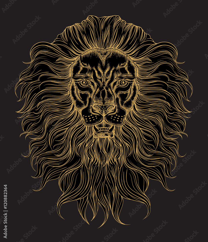 Hand drawn gold lion head in line art and dot work trendy style. Stock ...