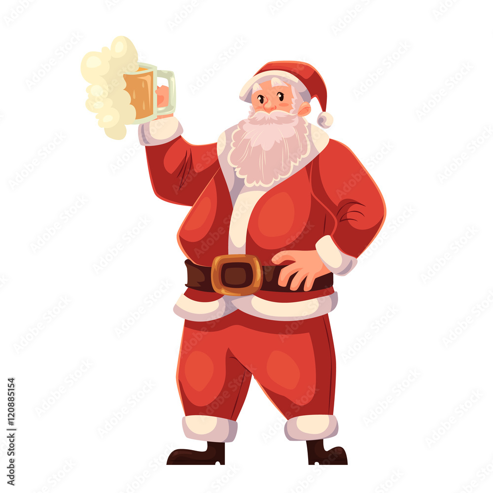 Santa Claus raising a beer glass, cartoon style vector illustration ...