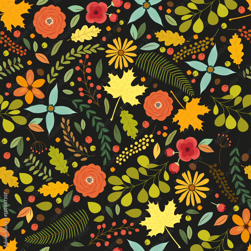 Beautiful hand drawn seamless vintage pattern with rustic flowers and ...