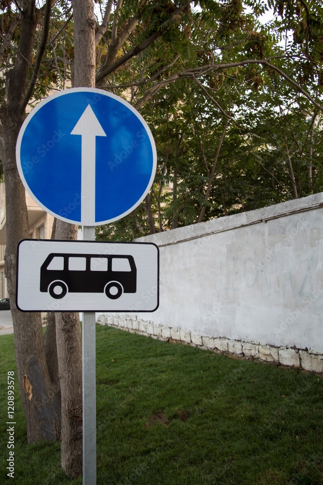 Bus stop road sign and Symbol straight ahead arrow. Information sign ...