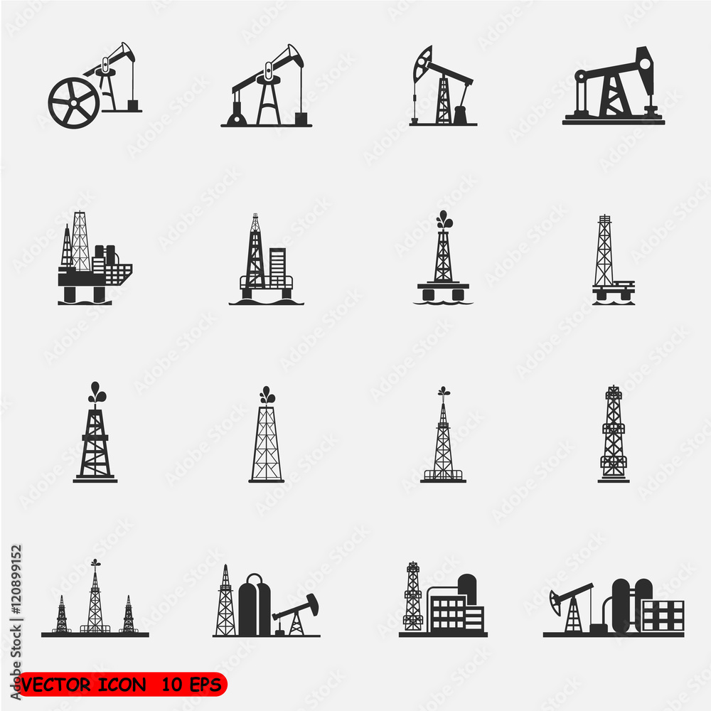 Oil rig, pump and oil drilling platform icons sets Stock Vector | Adobe Stock