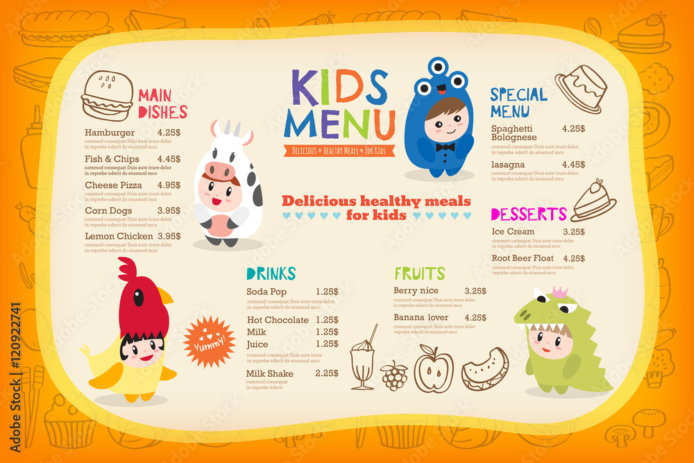 Cute colorful kids meal menu placemat with children dressing up in ...