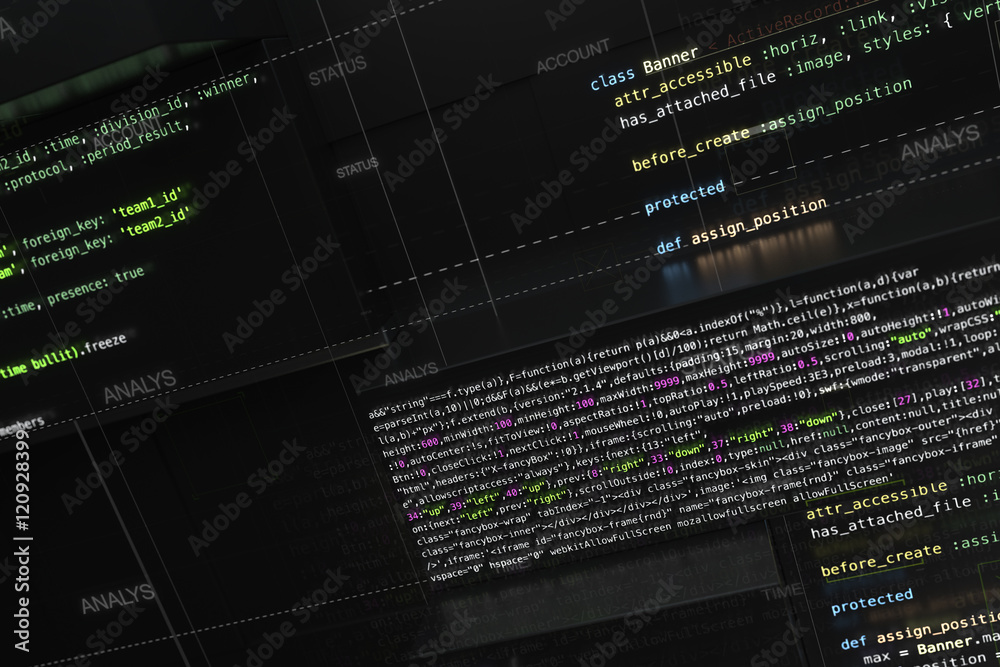Abstract programming background with code lines and 3d rendering of random extruded square ...