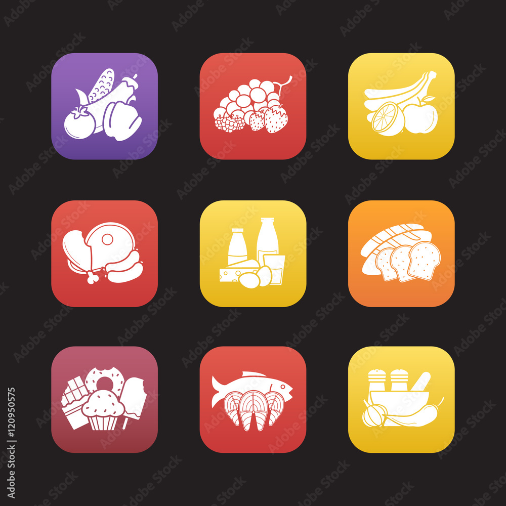 Food groups flat design icons set Stock Vector | Adobe Stock